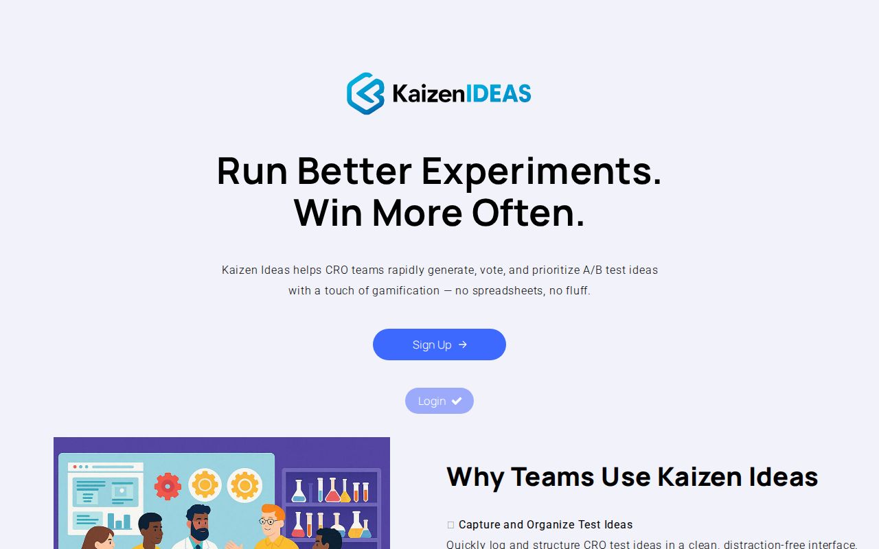 Kaizen Ideas – CRO Test Idea Hub with Voting & Gamification